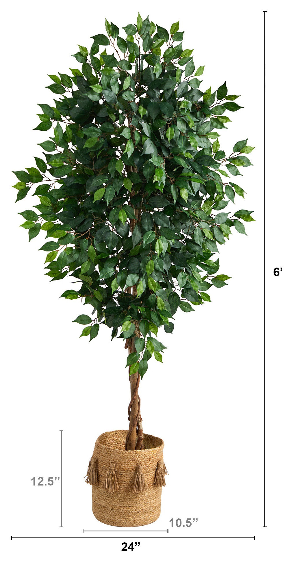 6' Ficus Faux Tree With Natural Trunk, Handmade Natural Jute Planter W ...