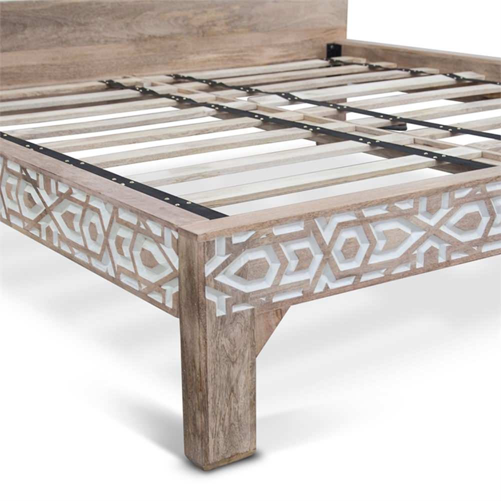 World Interiors Haveli Mango Wood Geometric Carved Queen Bed in Natural ...