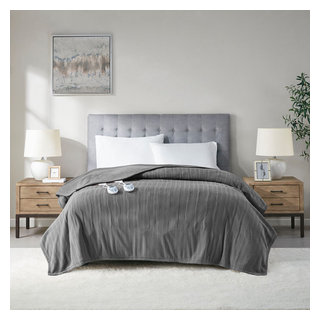 Serta Ribbed Micro Fleece Heated Blanket, Grey, Queen - Transitional ...