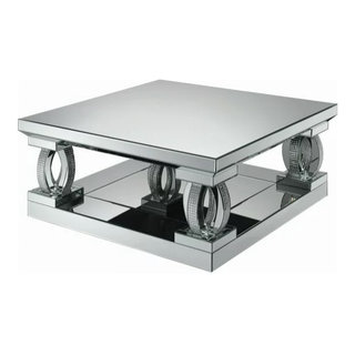 Contemporary Square Mirrored Coffee Table, Lower Shelf and Rhinestone ...