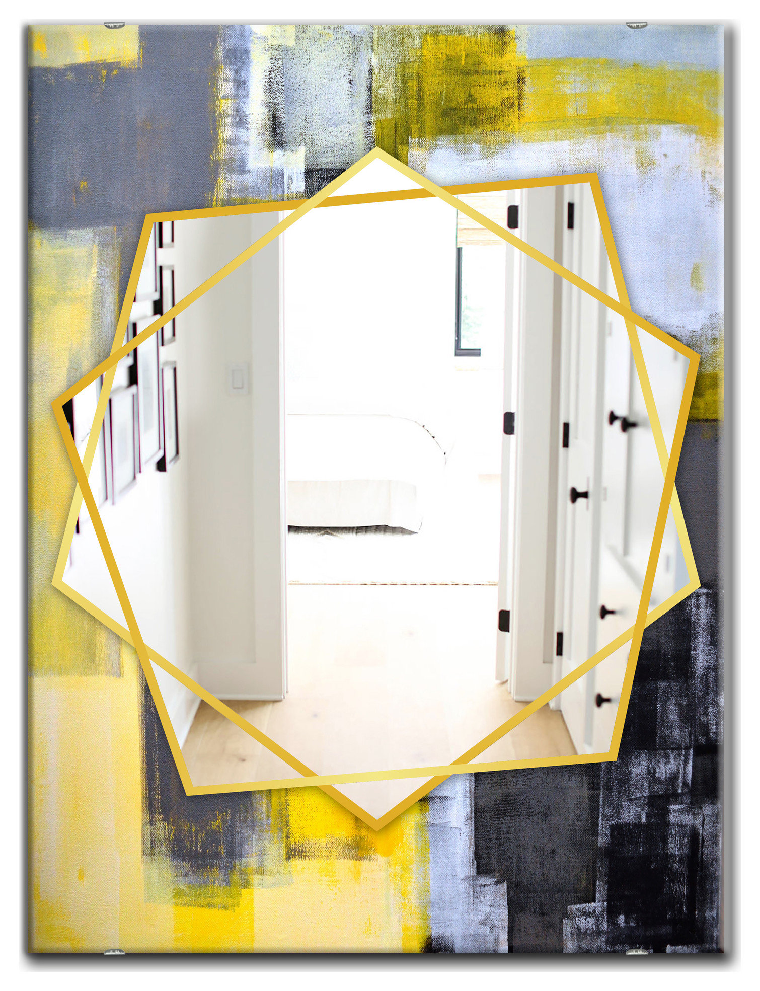 Designart Gray And Yellow Blur Abstract Modern Frameless Wall Mirror ...