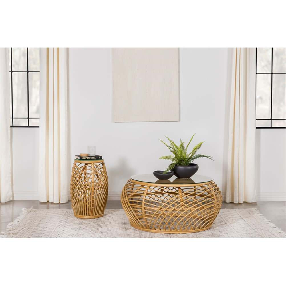 Coaster Dahlia Rattan Round Glass Top Woven Rattan Coffee Table in ...