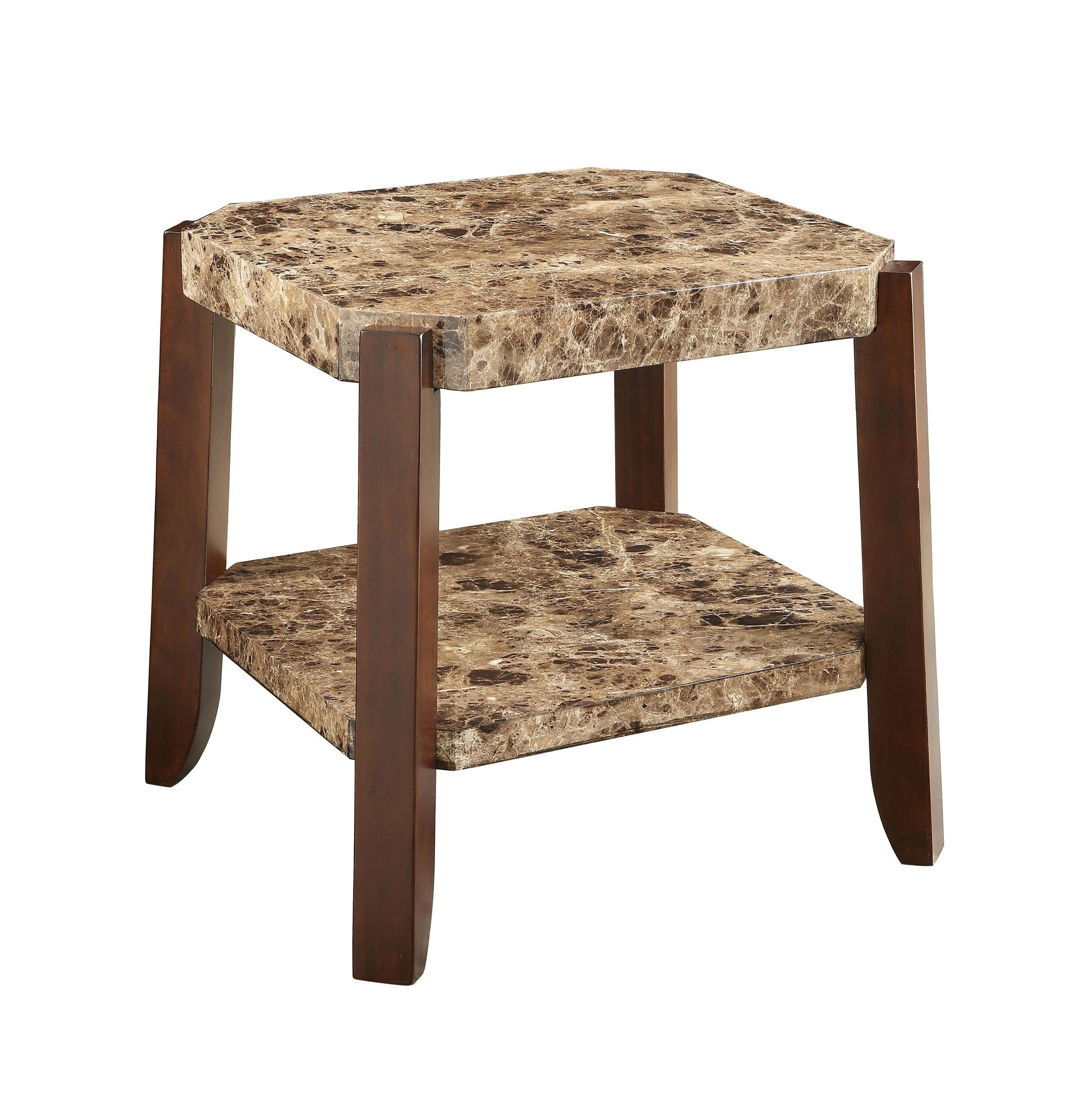 Wooden End Table with Marble Top and Bottom Shelf in Brown ...