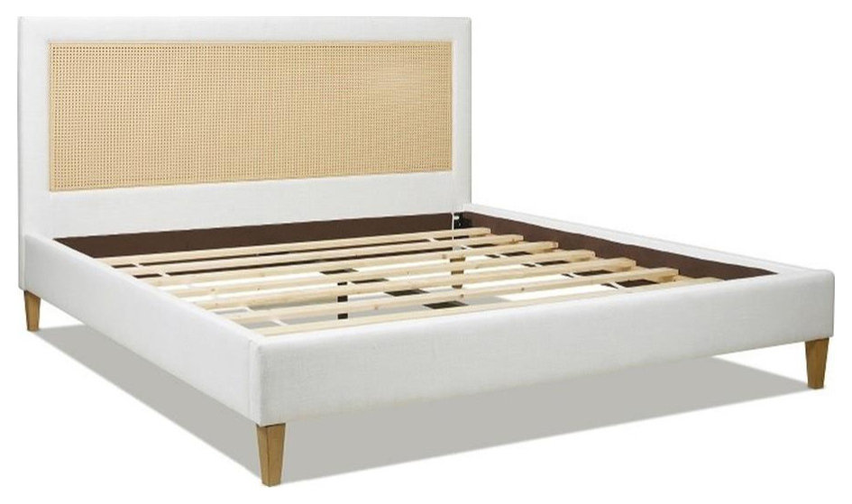 Haley Upholstered Cane Back Platform Bed King Eggshell White Linen - Tropical - Platform Beds ...