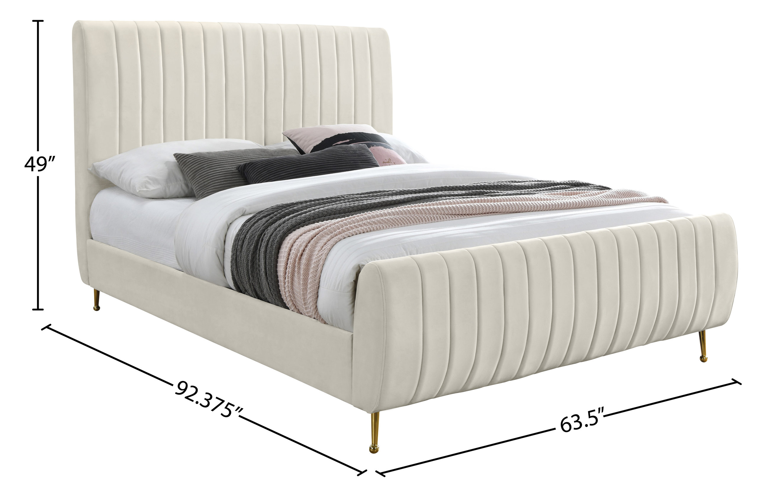 Zara Channel Tufted Velvet Upholstered Bed With Custom Gold Legs, Queen ...