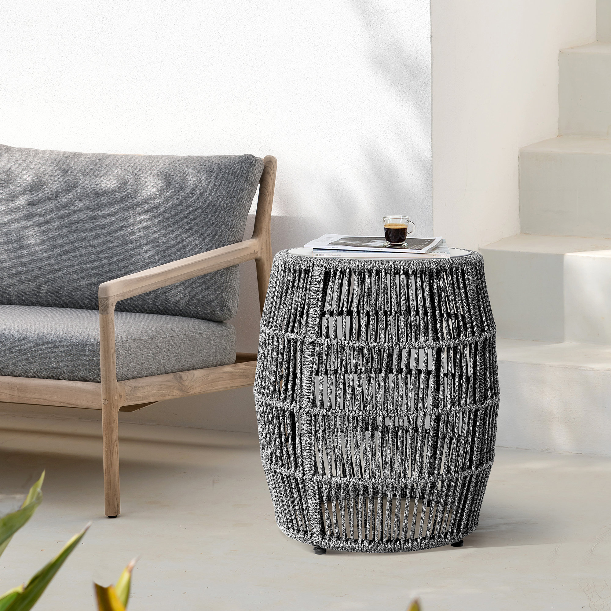 Emory Indoor Outdoor Garden Stool End Table in Grey Rope and Grey Stone ...