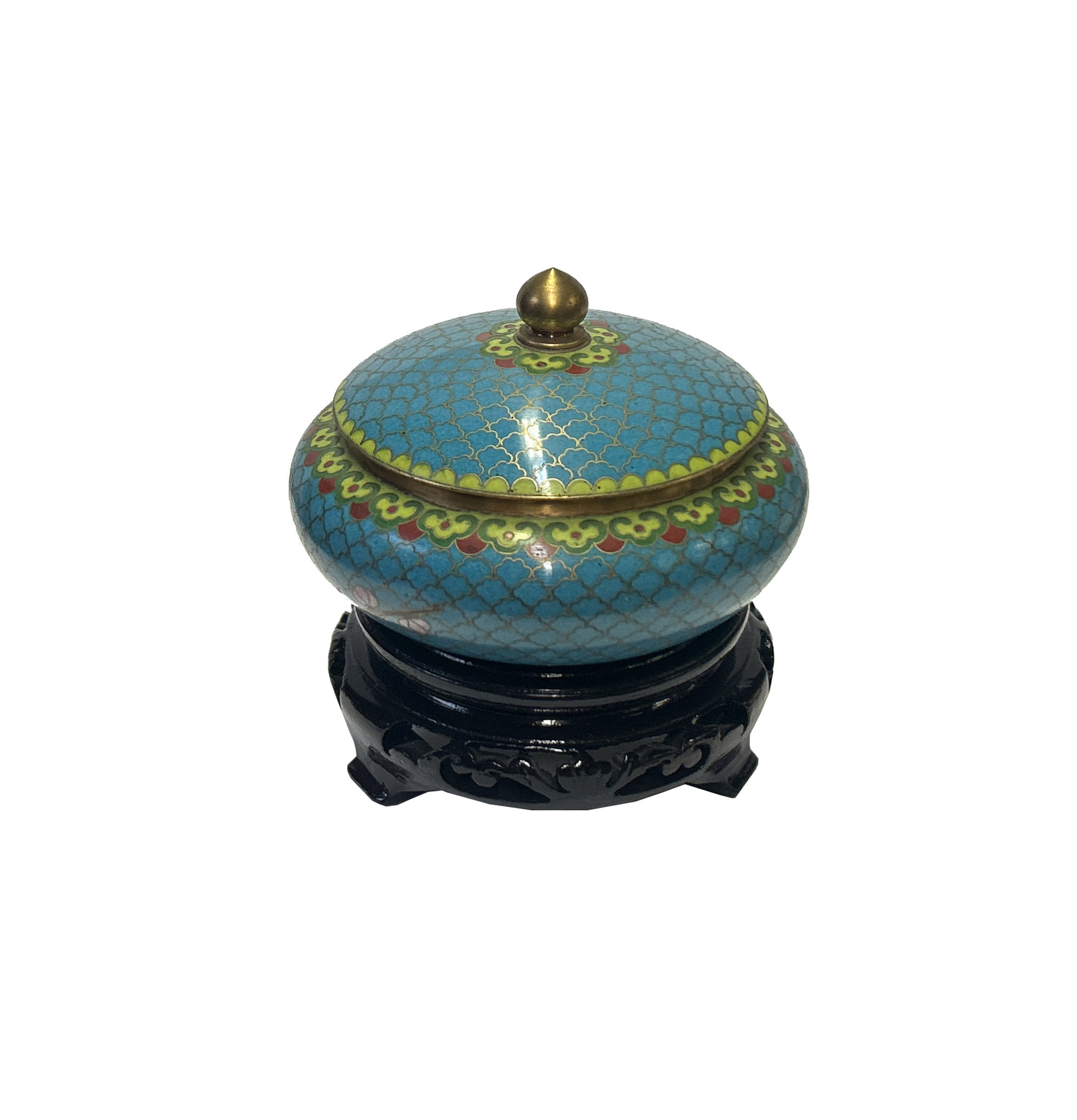 Chinese Teal Turquoise Metal Cloisonné Blossom Flower Theme Round Box ...
