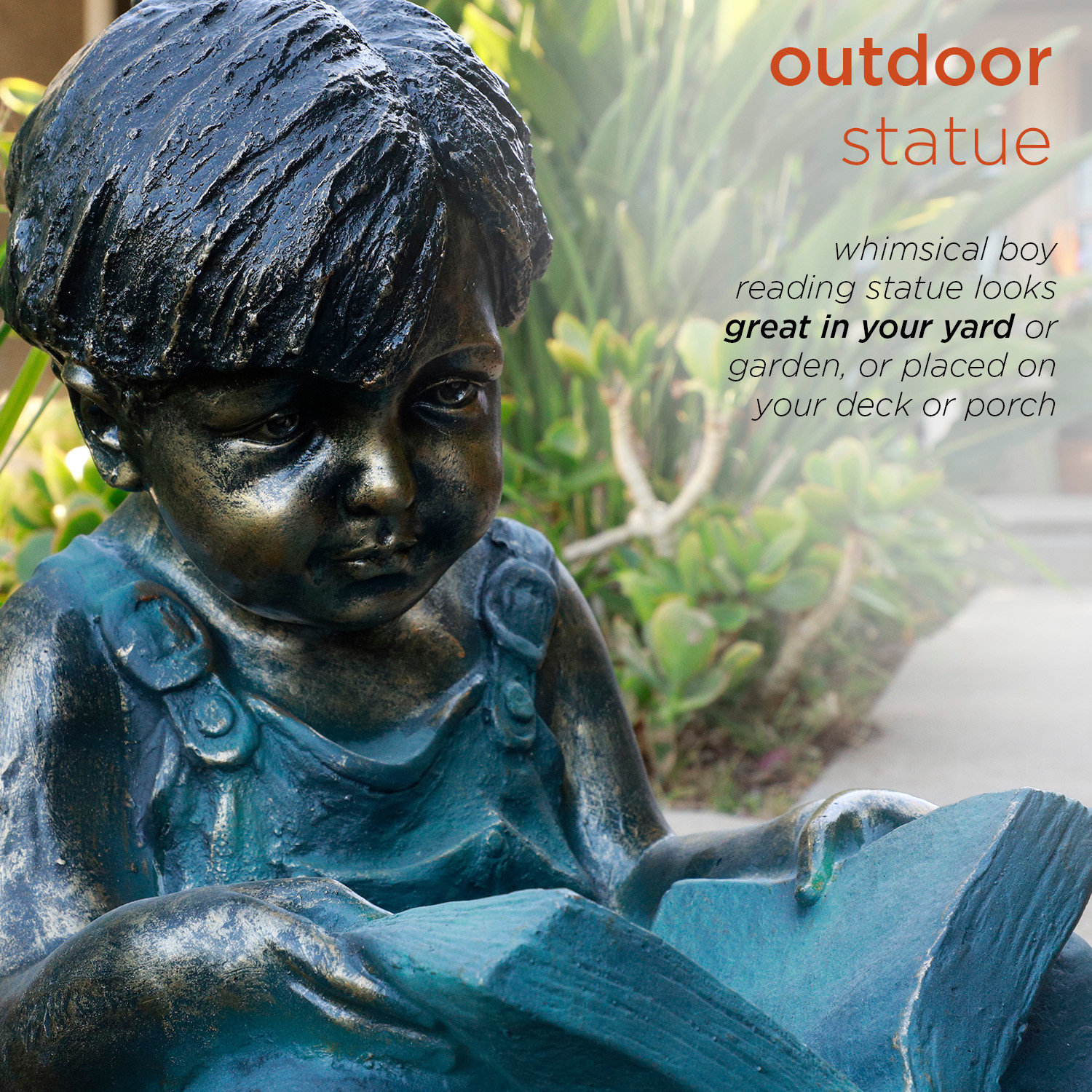19" Tall Indoor/Outdoor Boy Sitting Down Reading Book Statue Set Yard ...