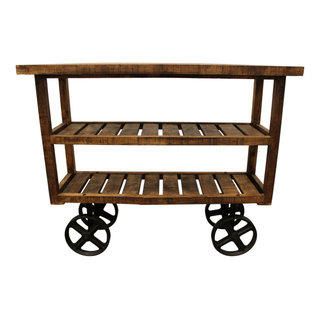 48" Brown and Black Solid Wood Distressed Wheel Console Table With ...