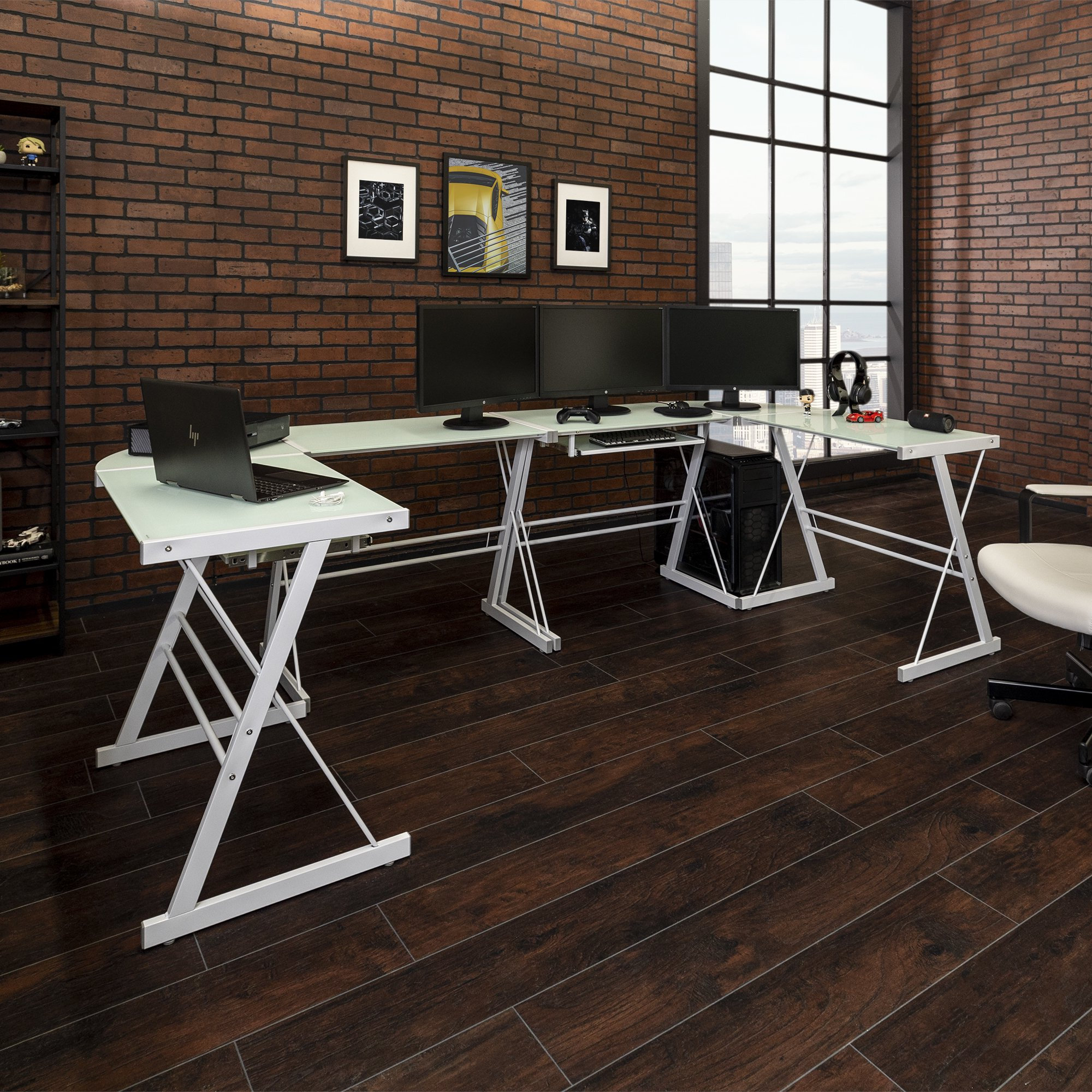 Contemporarty Desk, Angled Metal Legs With Glass Table Top & Open Shelf ...