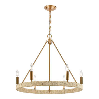 Abaca 6-Light Chandelier, Satin Brass With Abaca Rope Accents - Beach ...