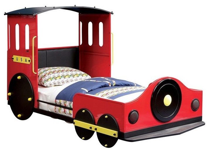 Roseberry Kids Modern Metal Novelty Twin Train Bed in Red/Black, Twin ...