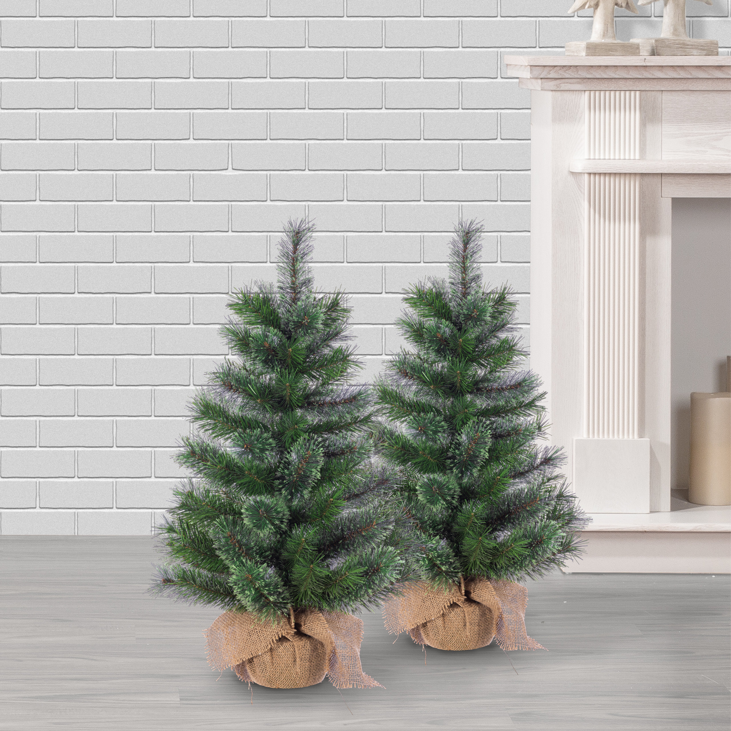 Set of 2, Unlit 30" Hard Needle Pine, Burlap Bag Base - Christmas Trees ...