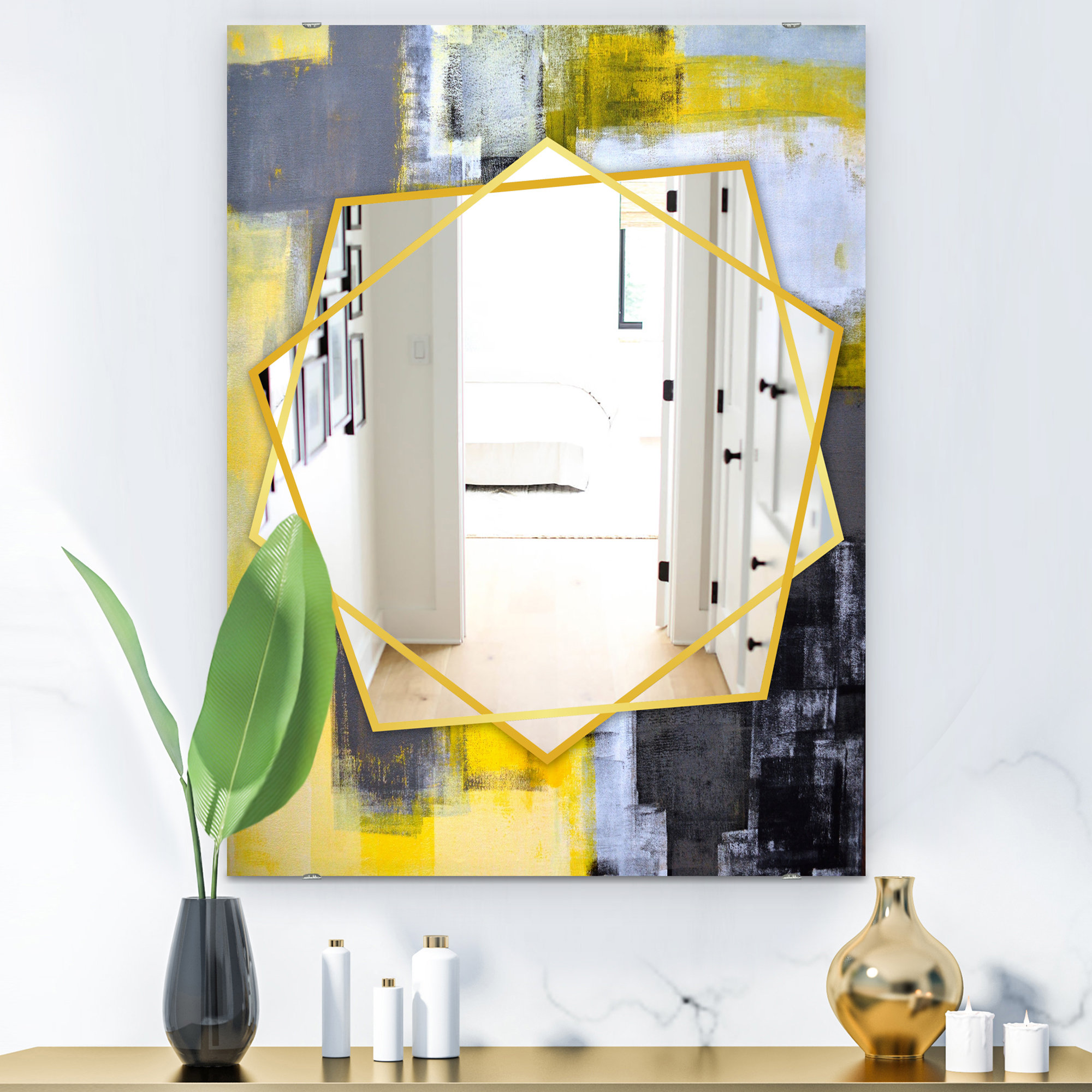 Designart Gray And Yellow Blur Abstract Modern Frameless Wall Mirror ...