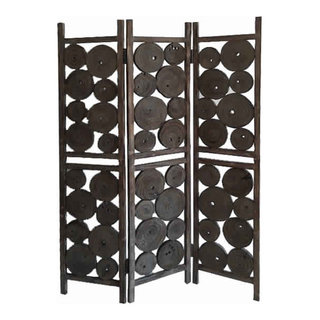 Contemporary 3 Panel Wooden Screen with Circular Log Cut Inset, Brown ...