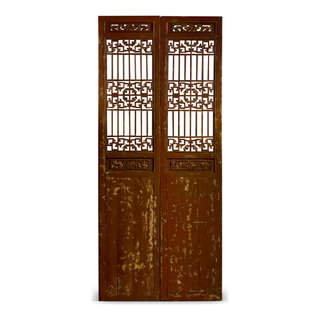 Vintage Gold Gilded Vermillion Red Chinese Door Panels Set - Asian ...