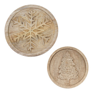 Tree and Snowflake Trivet (Set of 2) 8"D, 10"D Wood - Rustic - Holiday ...