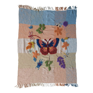 Woven Fabric Plaid Throw, Tufting, Embroidery, Flowers, Insects ...