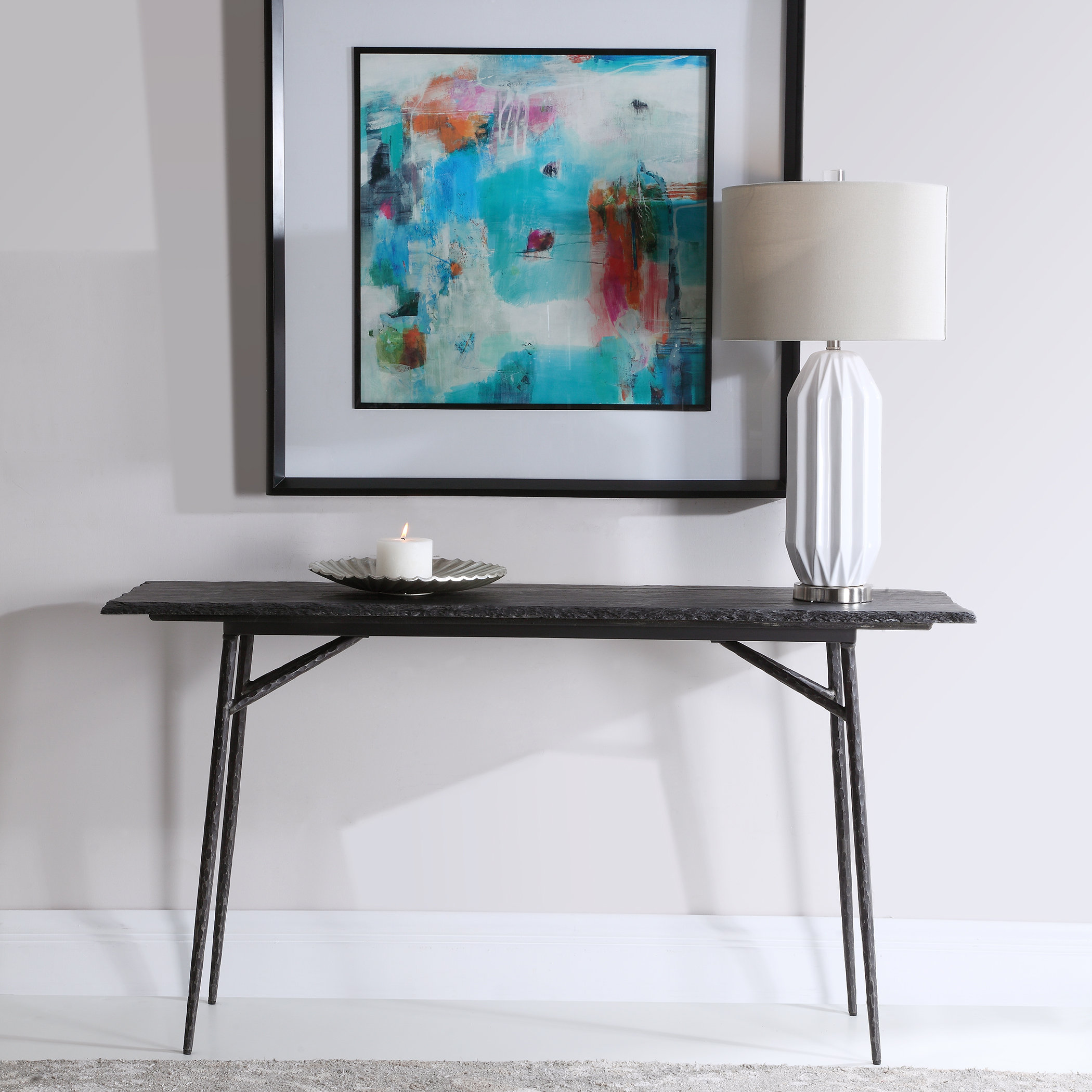 Gorgeous Slate Stone Slab Console Table Organic Live Edge Luxe Iron ...