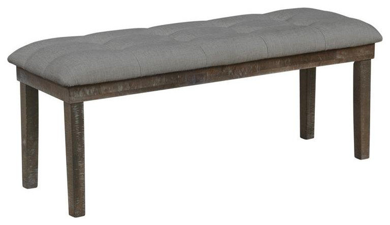 Rustic Dark Oak Dining Bench Upholstered with Gray Linen Fabric ...