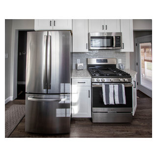 White and Gray Compact Kitchen with LVT Flooring - Transitional ...