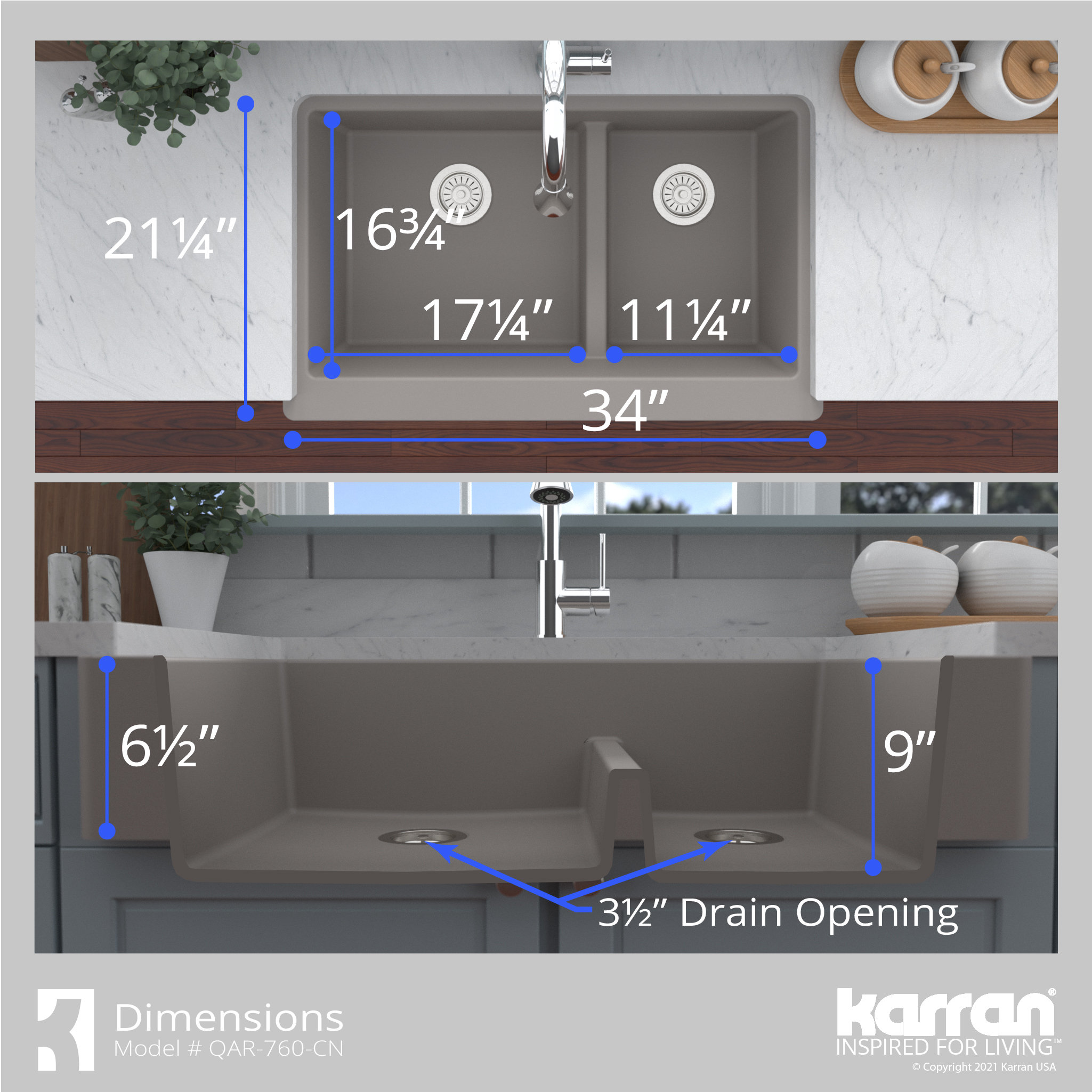 Karran Retrofit Farmhouse Quartz 34" Double Offset Bowl Sink ...