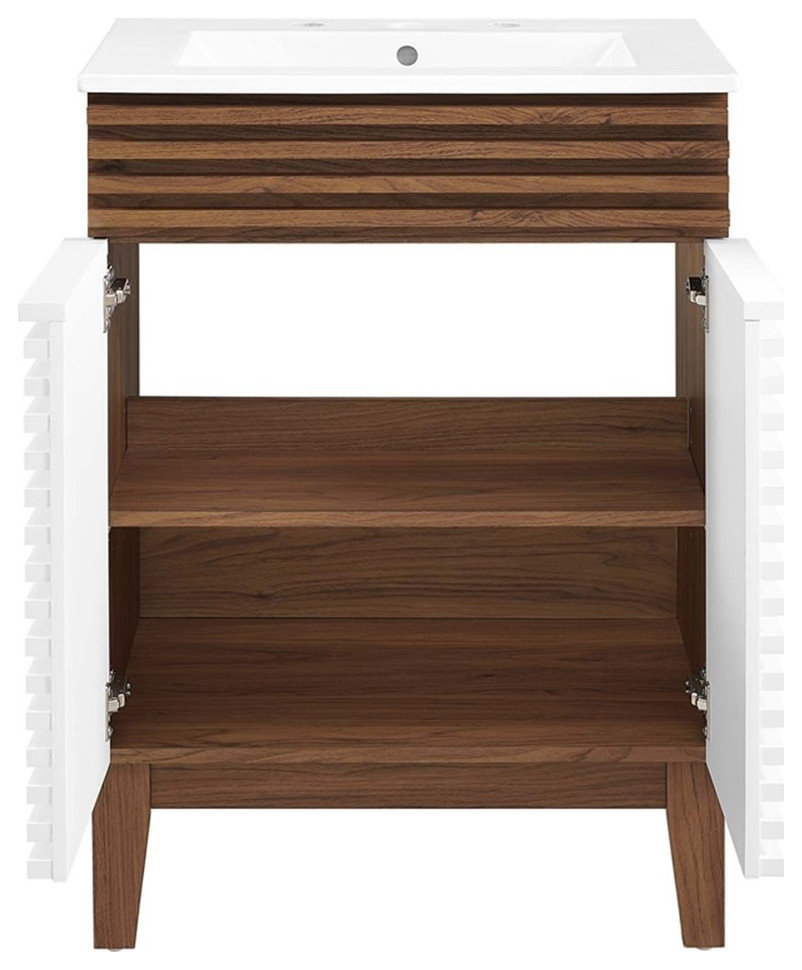 Modway Render Modern Style Wood Bathroom Vanity in White/Walnut ...