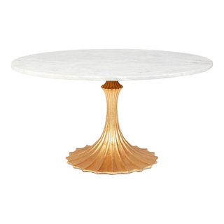 Flute Dining Table, 60" Round White Marble Top with Gold Leaf Base ...