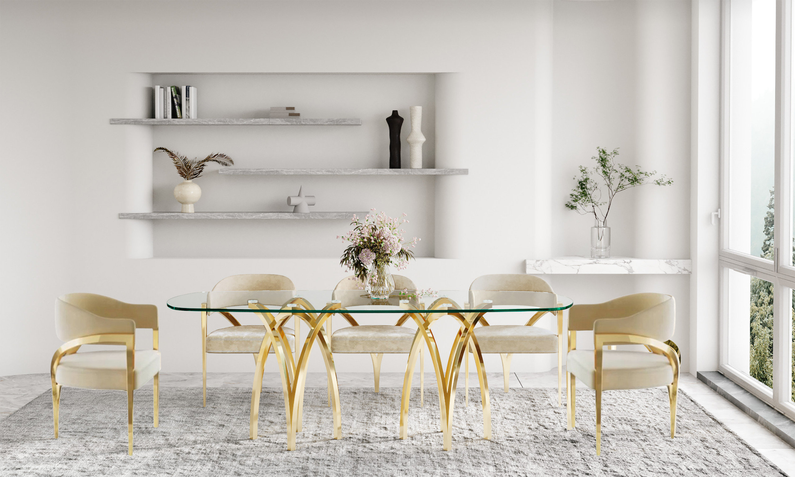 Modern Glam Gold Dining Table With Sculptural Base and Glass Top ...