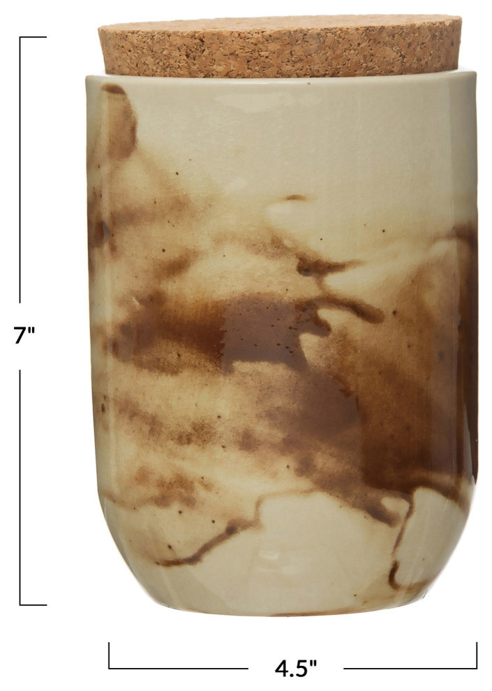 4-1/2" Round x 7"H Stoneware Jar With Cork Lid, Reactive Glaze, Marbled ...