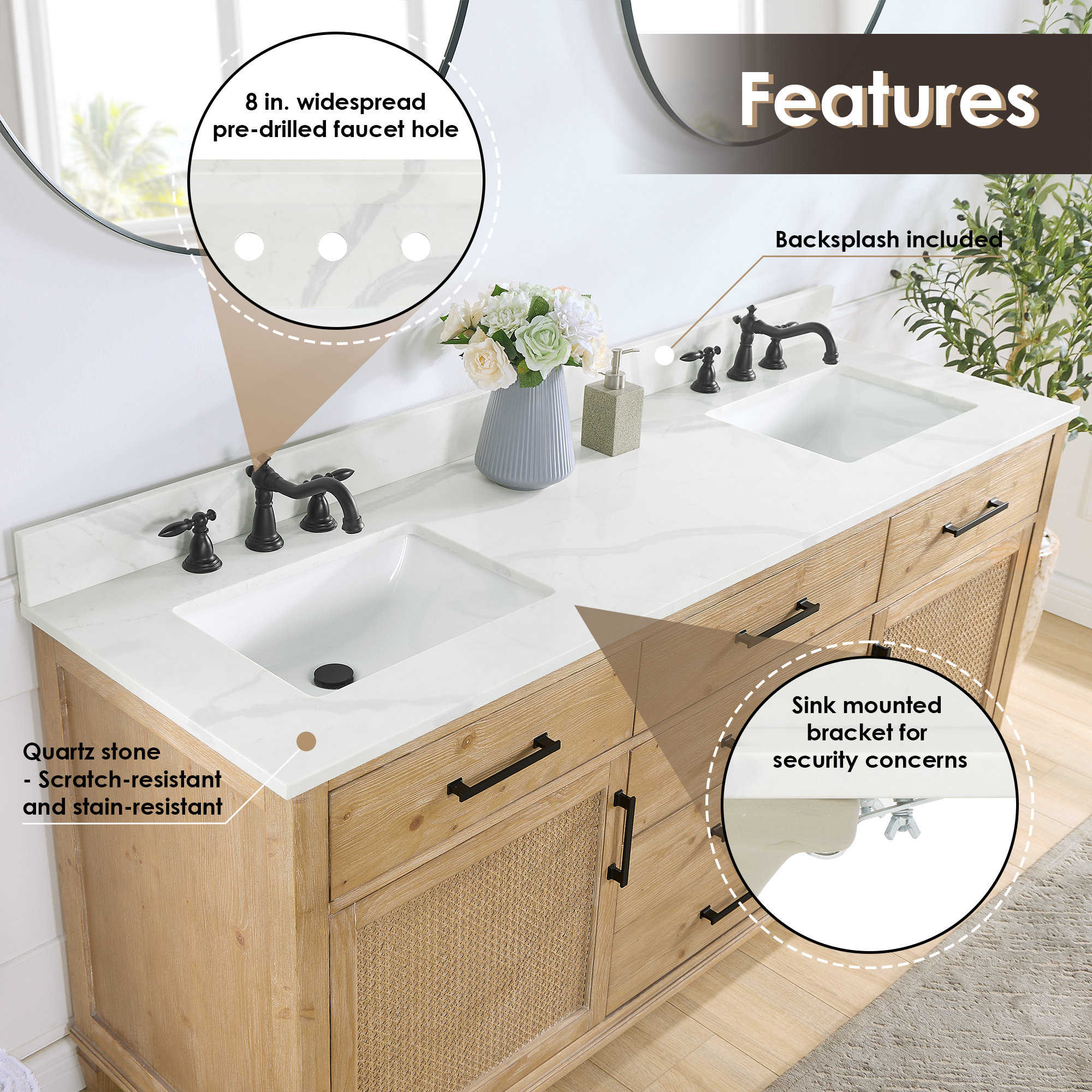 Solana Bathroom Vanity with Calacatta White Quartz Stone Countertop, 72 ...