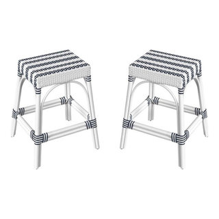 Home Square 24.5" Rattan Counter Stool in White & Navy Stripe - Set of ...