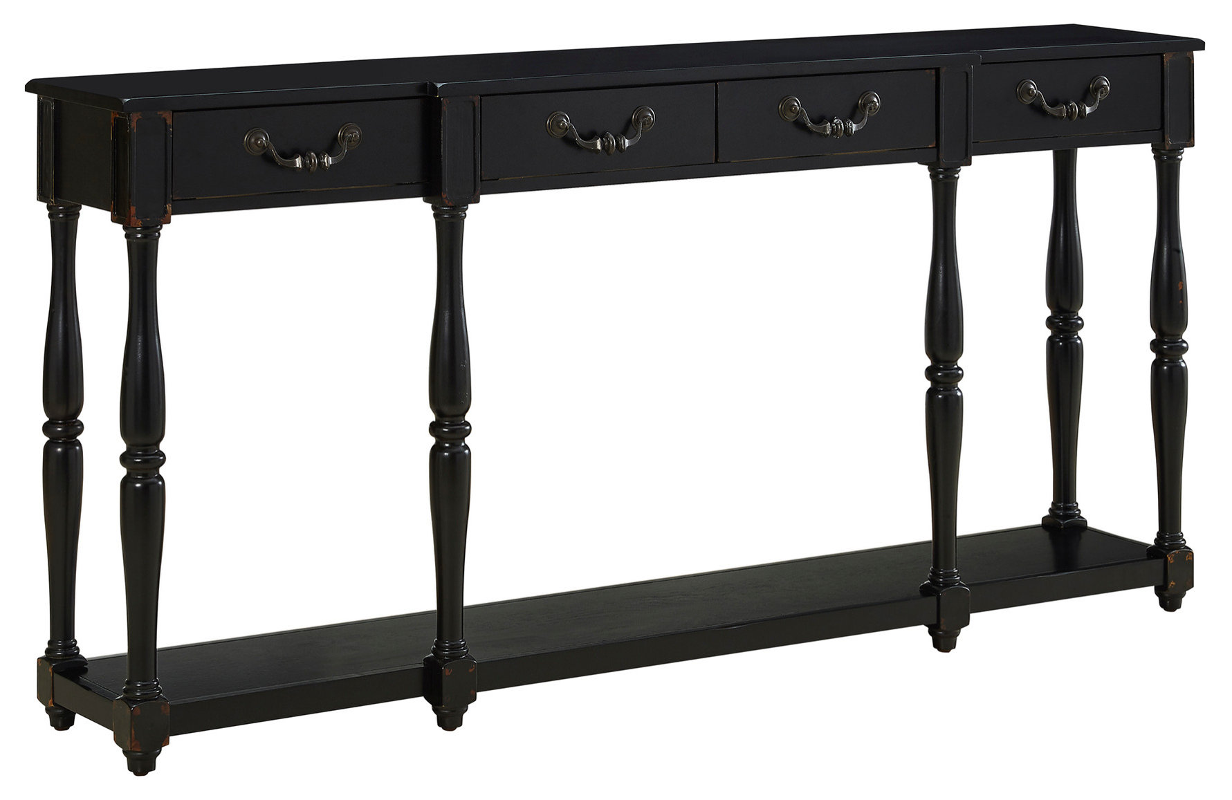 4 Drawer Wooden Console Table with Open Bottom Shelf and Spindle Legs ...
