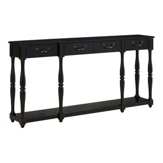 4 Drawer Wooden Console Table with Open Bottom Shelf and Spindle Legs ...