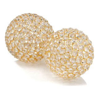 Set Of Two 5" Gold And Faux Crystal Bling Spheres - Contemporary ...