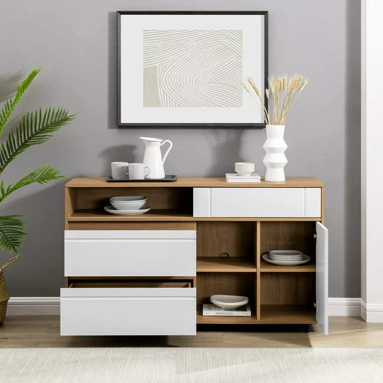 Contemporary Sideboard, Multiple Storage Drawers & Open Cubbies, White ...