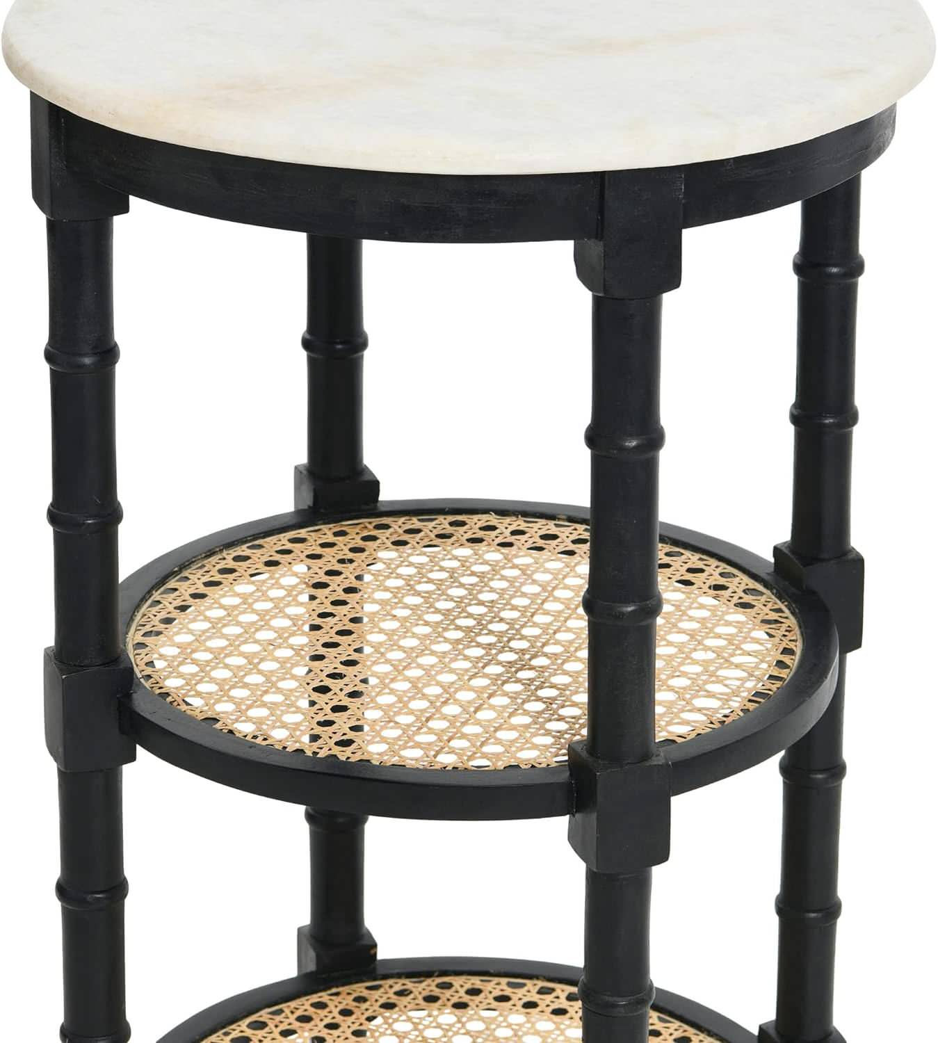 Transitional End Table, Round Design With Faux Marble Top & Rattan ...