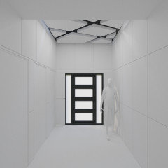 Small closed foyer with high ceiling (two story, 17ft) lighting & more