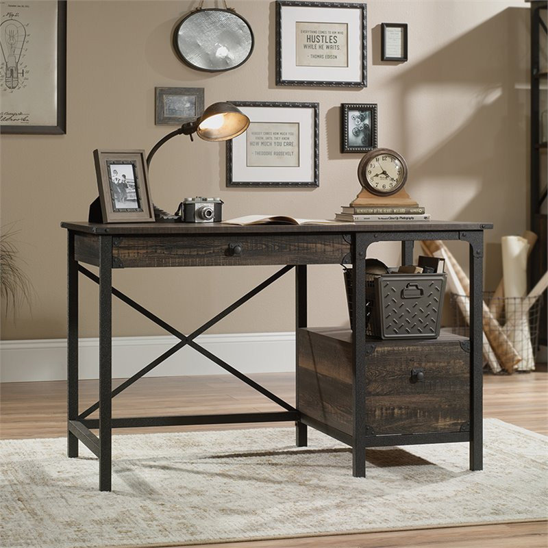Sauder Steel River Writing Desk in Carbon Oak and Black - Industrial ...