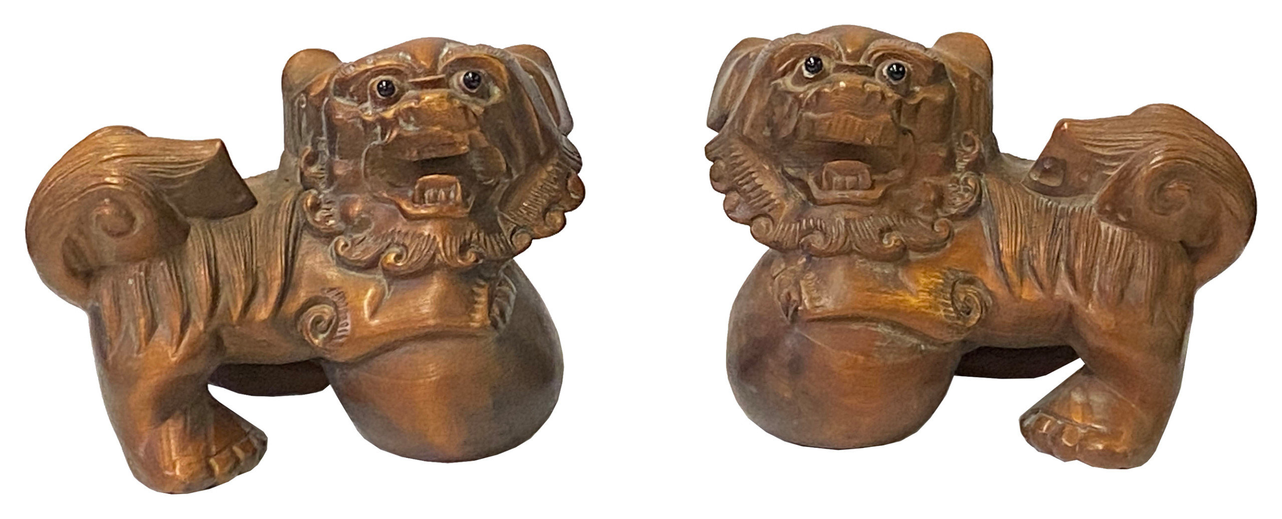 Chinese Pair Wood Carved Mini Foo Dog Lion FengShui Figures Hws2386 ...