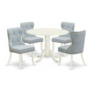 A Dining Set Of Two Chairs, Baby Blue Color, Wood Table, Linen White ...