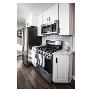 White and Gray Compact Kitchen with LVT Flooring - Transitional ...