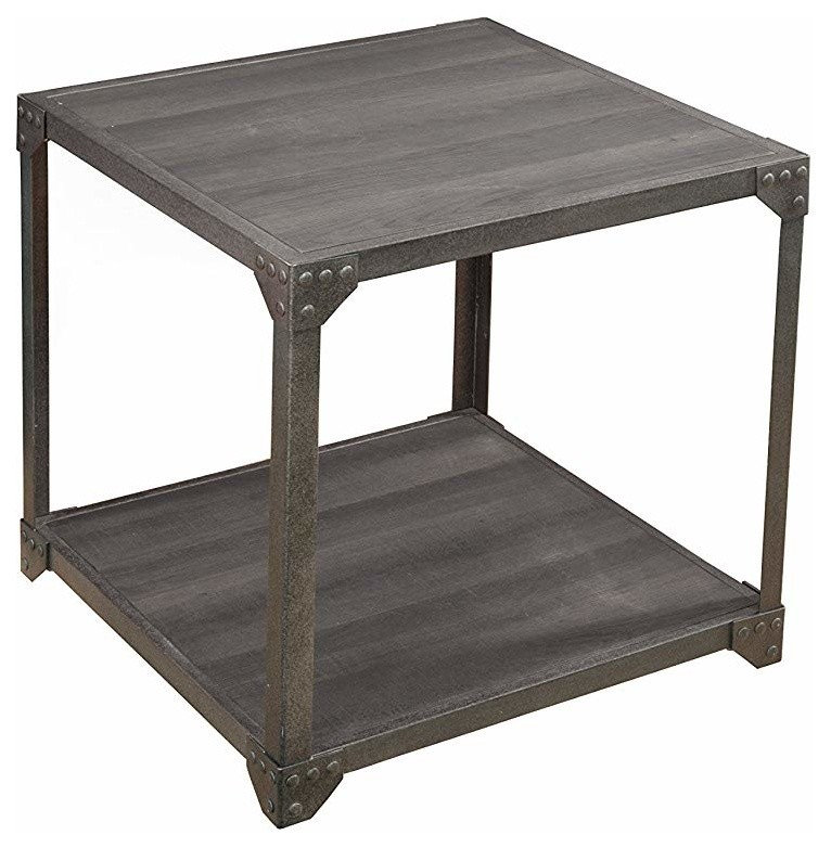 Wood and Metal Loft End Table With an Open Shelf, Charred Oak Gray ...