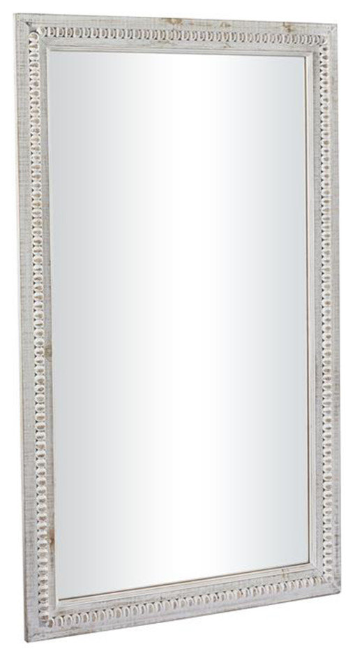 White Wash Rustic Wood Carved Beaded Rectangular Wall Mirror 48 x 28 ...