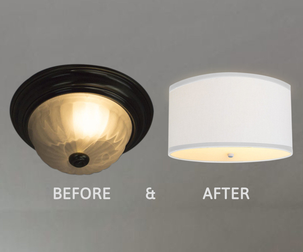 Moderne Flush Mount Conversion Kit 18"w White Linen Shallow Drum ...