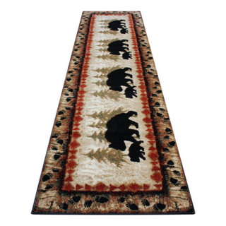 Ursus Collection Rustic Lodge Black Bear and Cub Area Rug with Jute ...