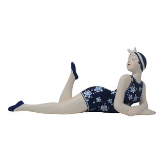 Retro Bathing Beauty Lying Figurine Statue, Swim Suit Woman Navy White ...