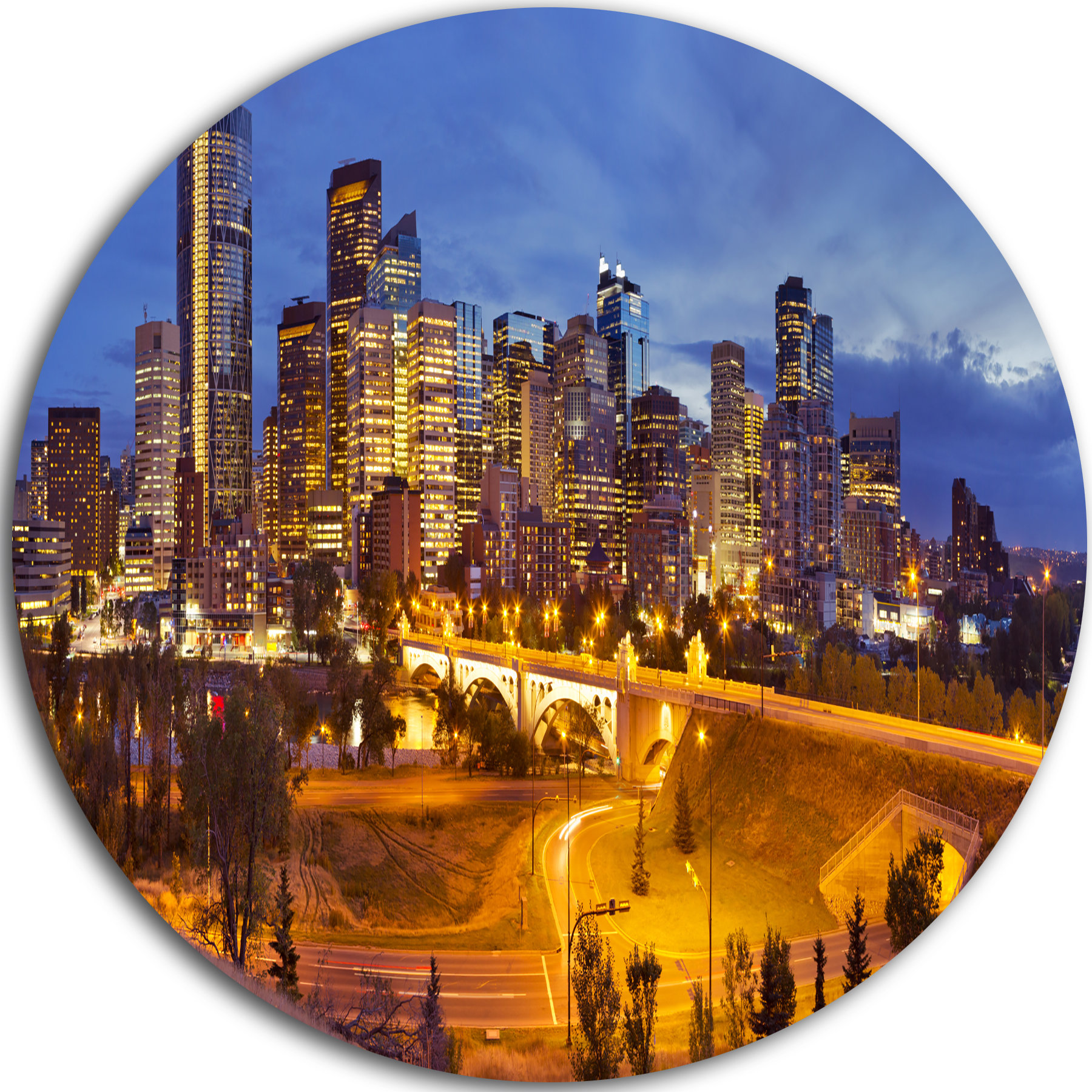 Skyline Of Calgary At Night Panorama, Cityscape Round Wall Art, Disc of ...