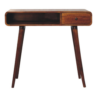 Solid Wood Curved Chestnut Writing Desk, Brown, 1 Drawer, 1 Shelve ...