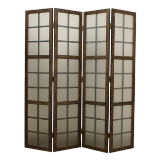 4 Panel Glass Room Divider with Window Pane Design, Brown and Clear ...